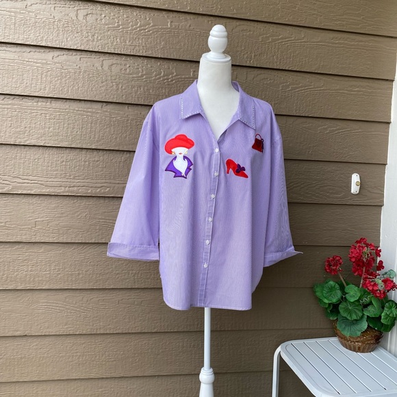 Tops | Red Hats Shoe And Purse Purple Striped Blouse With Appliques ...